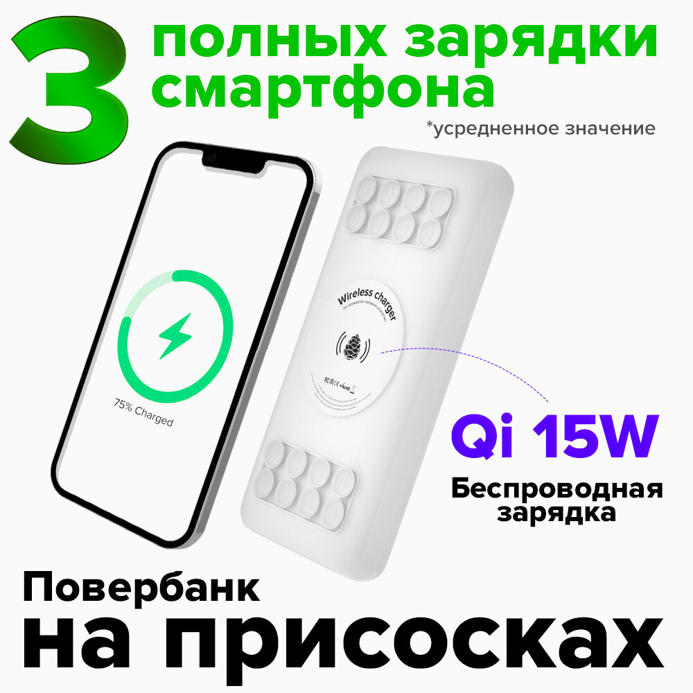 GCR PowerBank на 10000mAh беспроводная зарядка Qi с креплением 15W + QC 3.0 + PD 18W, белый, GCR-54774 greenconnect -