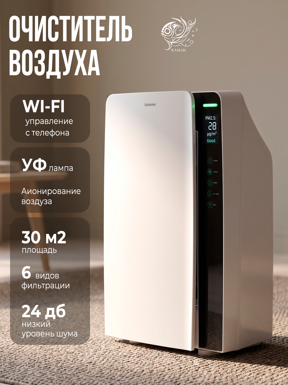 Очиститель воздуха SAMAK с увлажнением, УФ, аионирование воздуха, Wi-Fi,