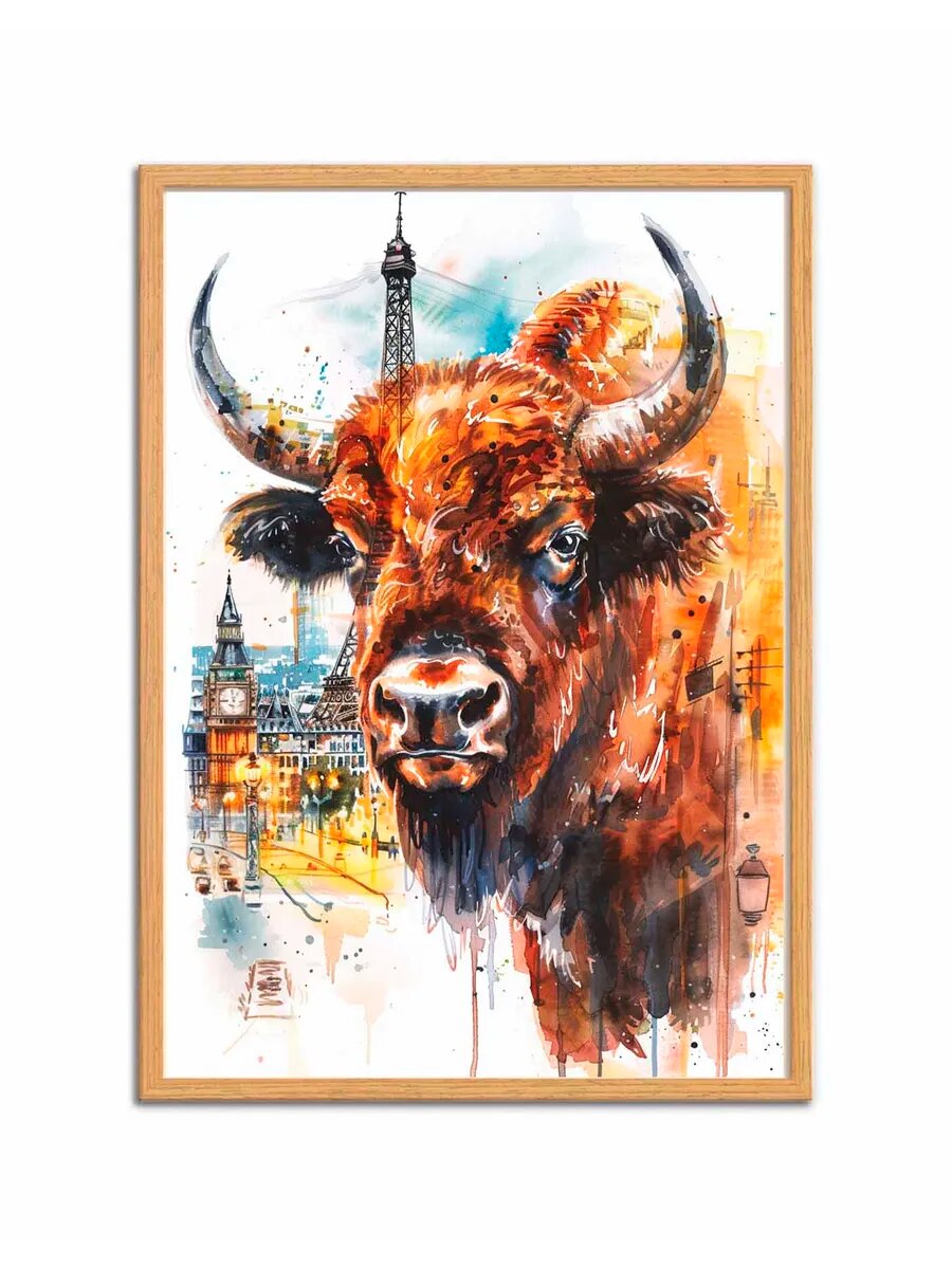 Животное с фермы Бизон пьет виски 3, Плакат 30x42см
