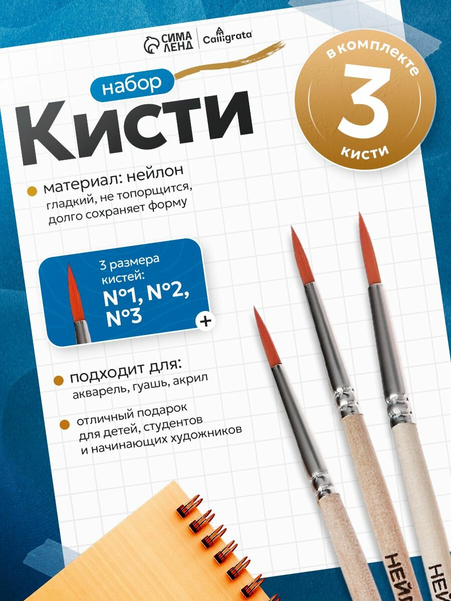 Кисточки для рисования синтетика (нейлон) 3 штуки (№1-3) набор нейлоновых кистей разные номера