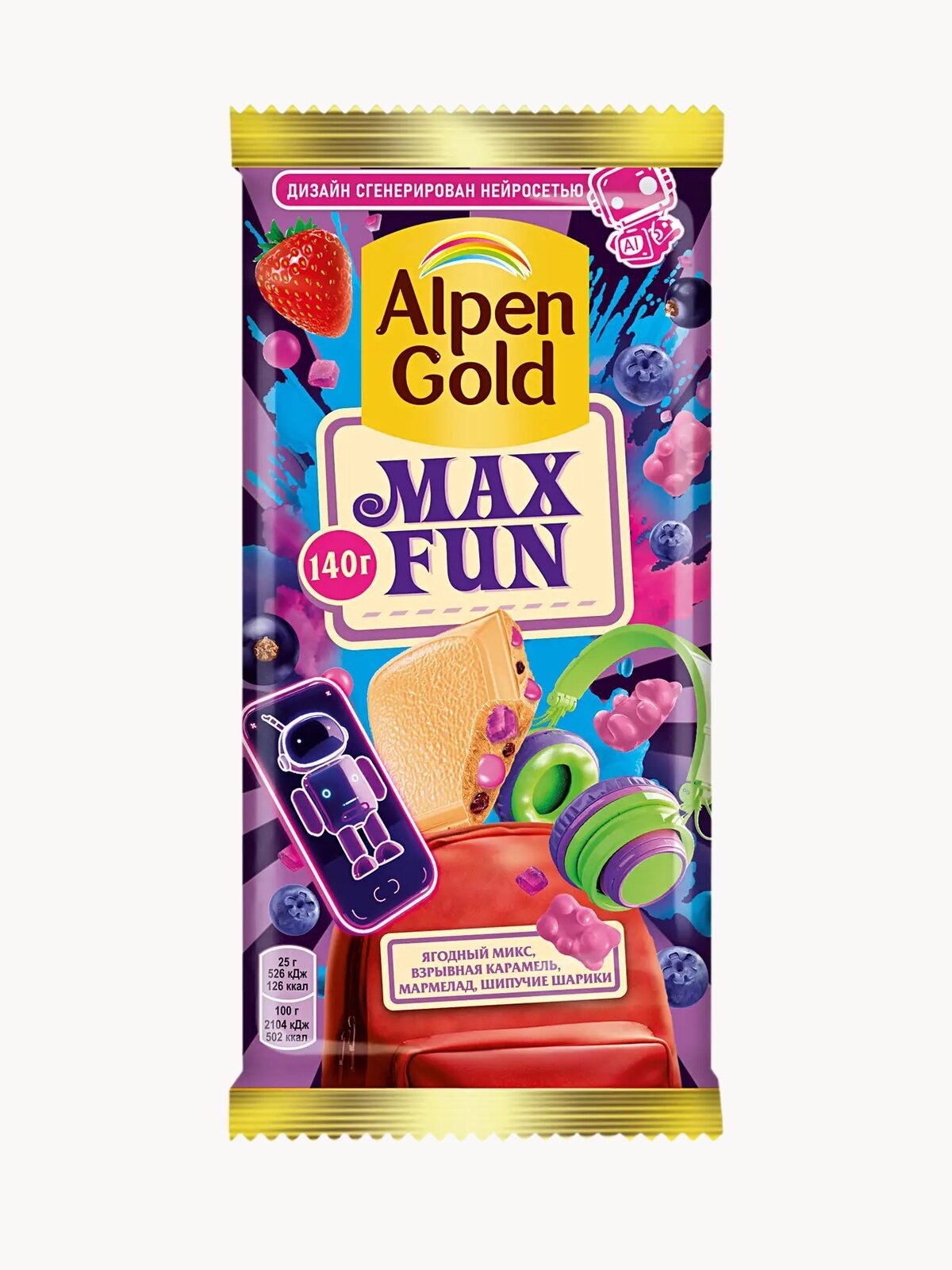 Шоколад белый Alpen Gold MAX FUN ягодный микс с мармеладом, взрывной карамелью, шипучими рисовыми шариками, 140г