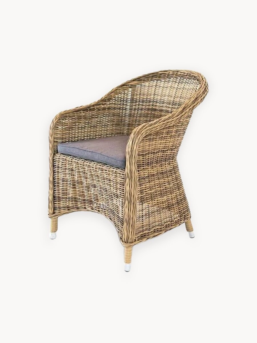 "Равенна" плетеное кресло из искусственного ротанга, цвет соломенный с серо-коричневой подушкой, 570×680×810