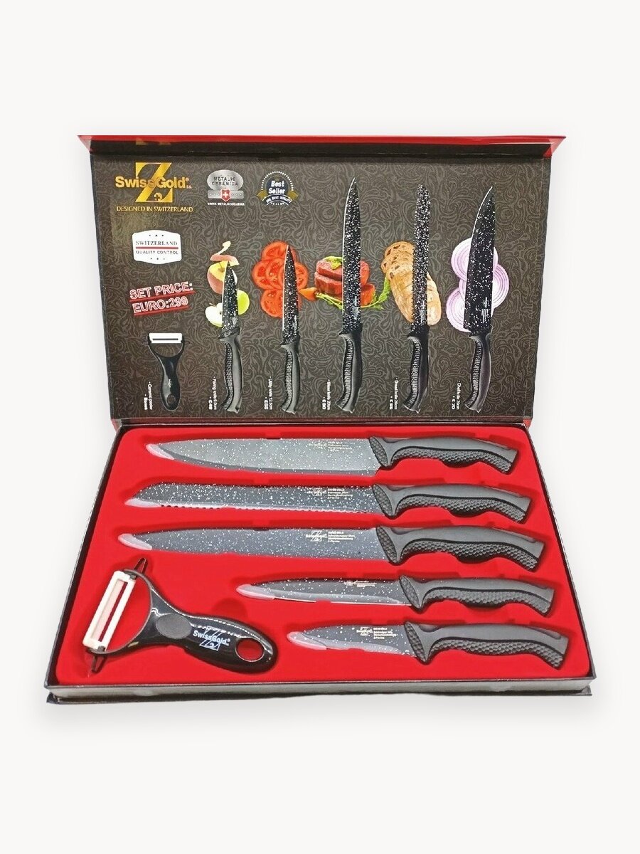 Набор ножей Swiss Gold кухонных из нержавеющей стали в подарочной упаковке 5+1 подарок, черный