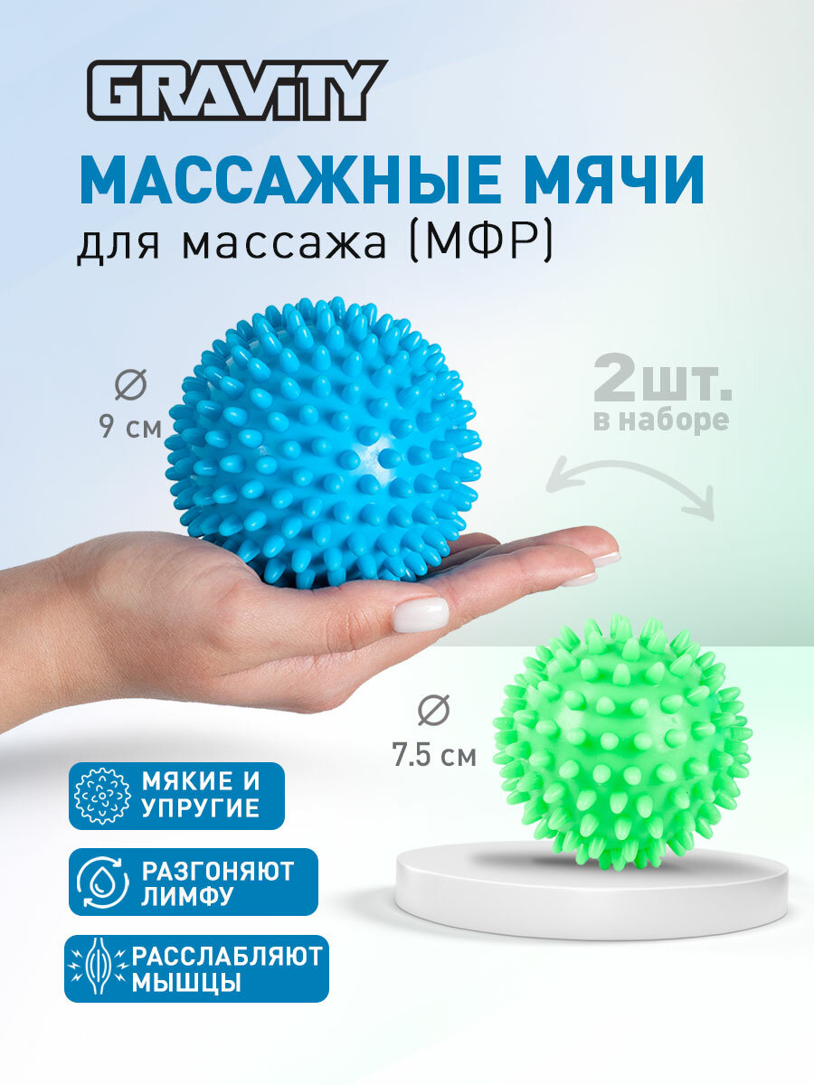 Комплект мягких массажных мячей Gravity, 2шт, 7.5см зеленый и 9см аква