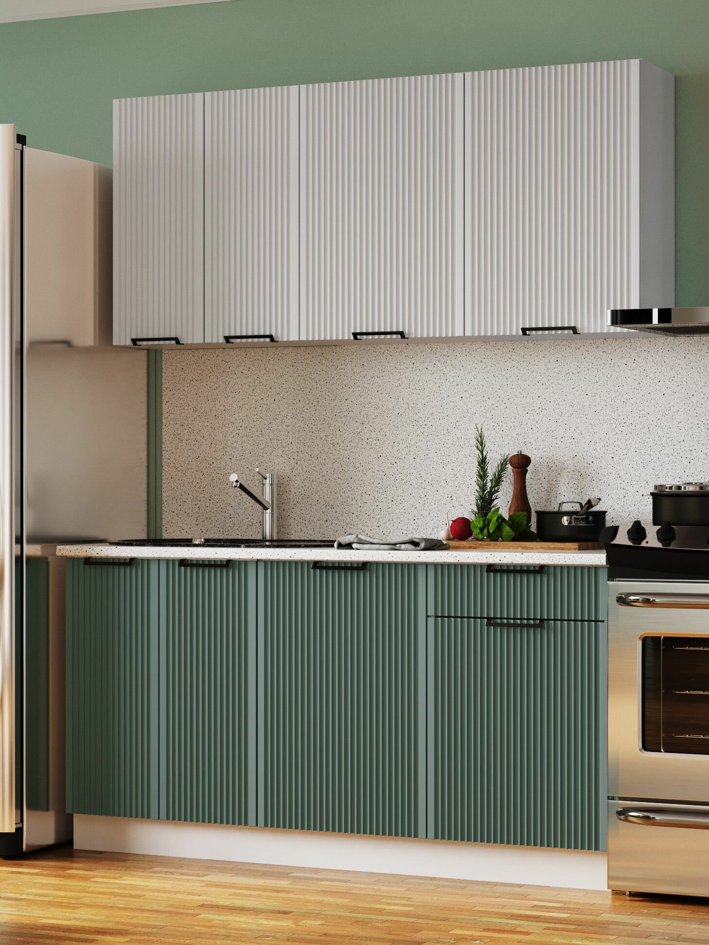 Кухонный гарнитур Кампео МДФ 1,6м белый снег/бриз без столешницы