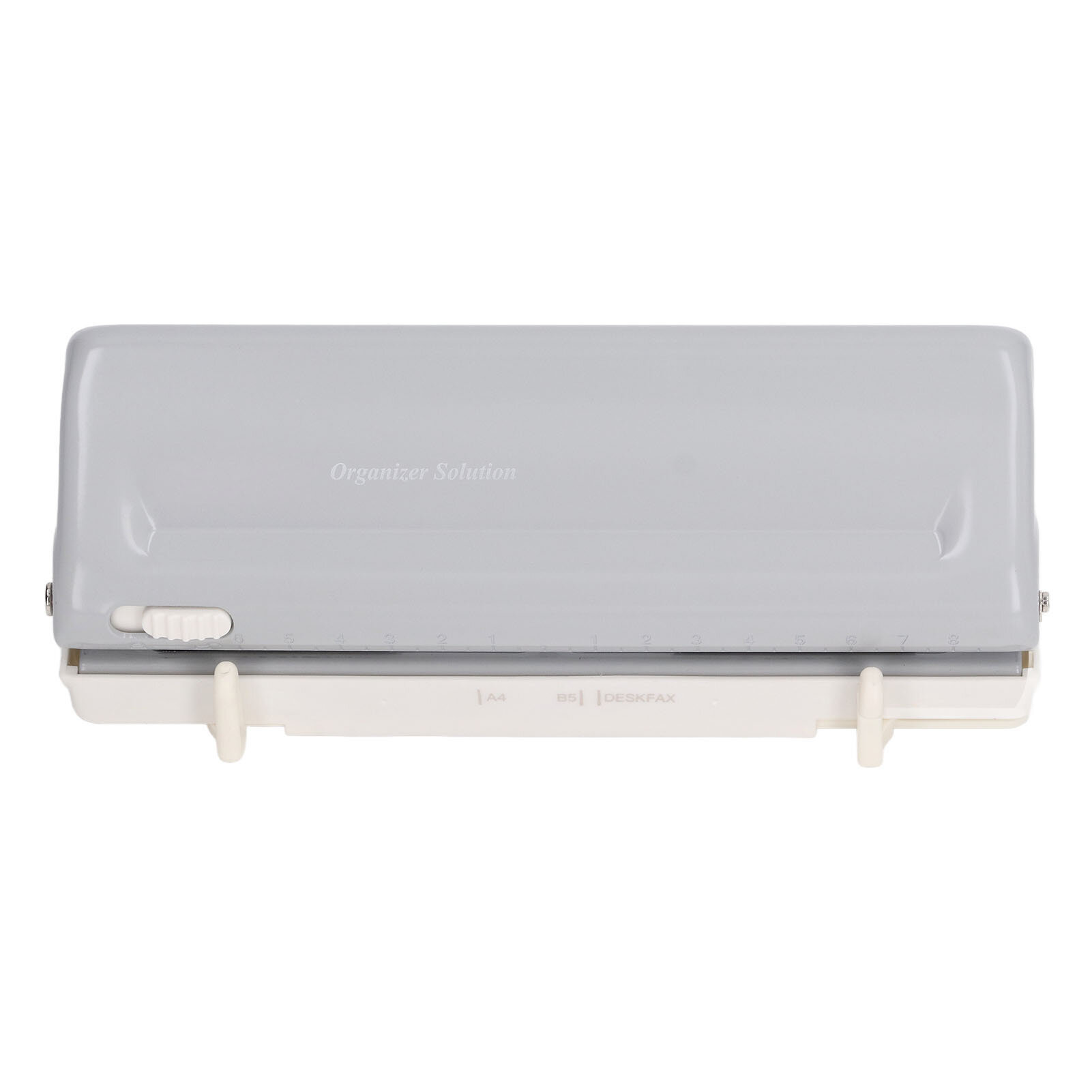 Дырокол на 6 отверстий, вместимость 10 листов, регулируемое расстояние между центрами, серый, для листов, с линейкой для позиционирования.