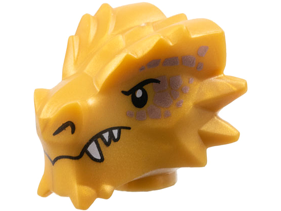 Minifigure, Head, Modified Dragon with Black Eyes and Nostrils, Copper Scales, White Sharp Teeth Pattern, 77194pb04 Pearl Gold N