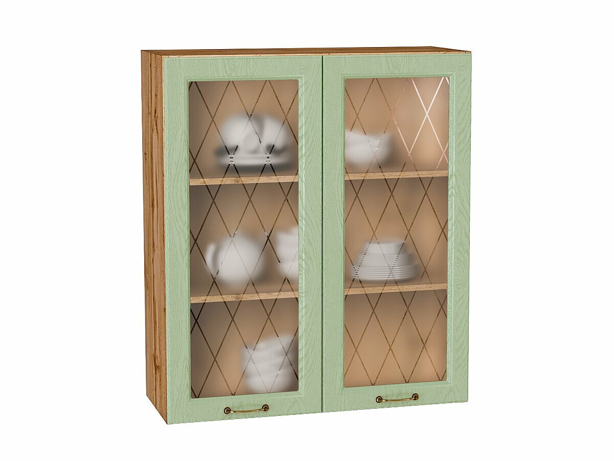 Шкаф верхний с 2-мя остекленными дверцами Ницца, цвет фасада Дуб оливковый, цвет каркаса Дуб Вотан, стекло White Сrystal, 920*800*318 мм