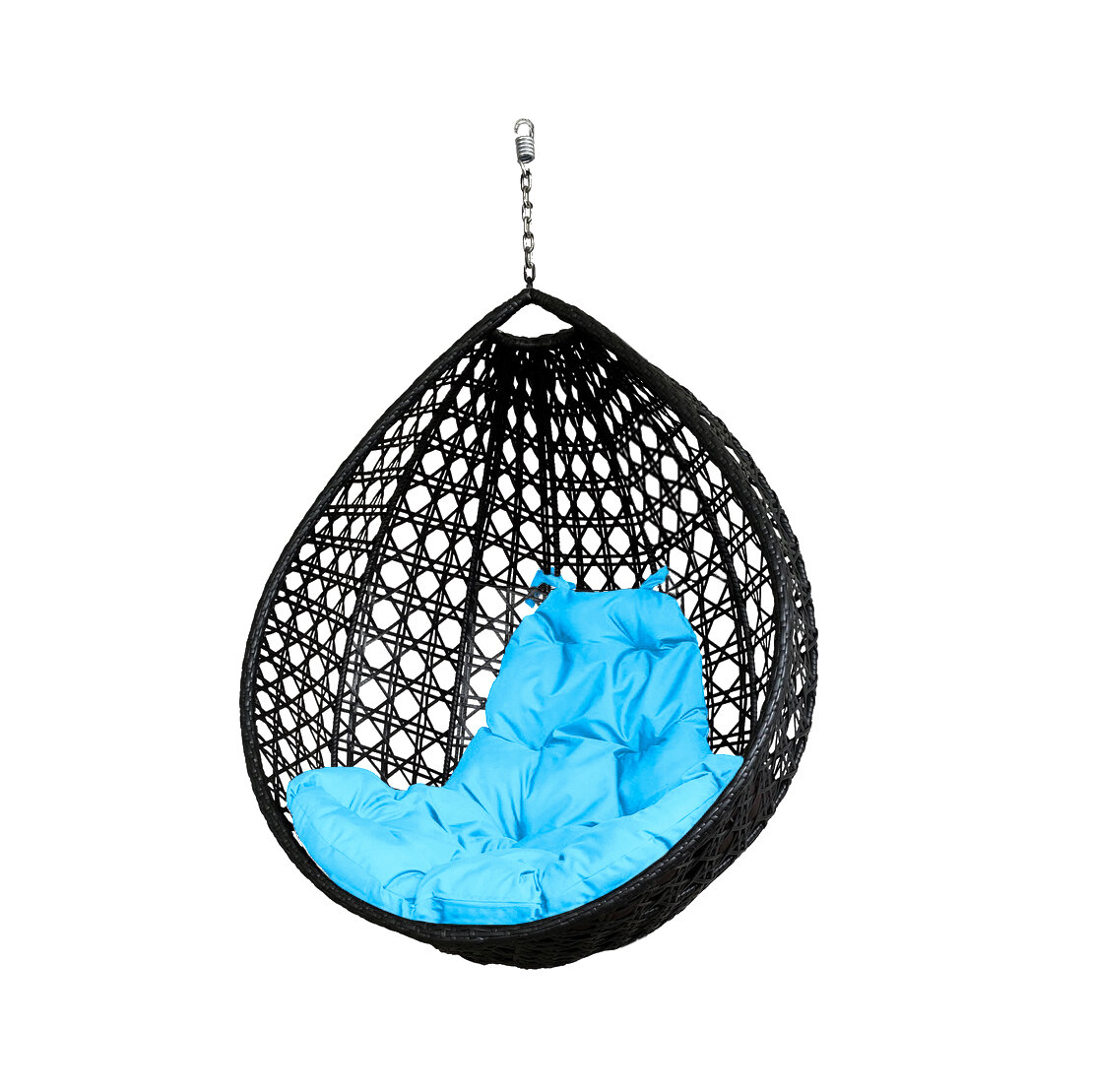 Подвесное кресло капля люкс (без стойки), с ротангом черное, голубая подушка