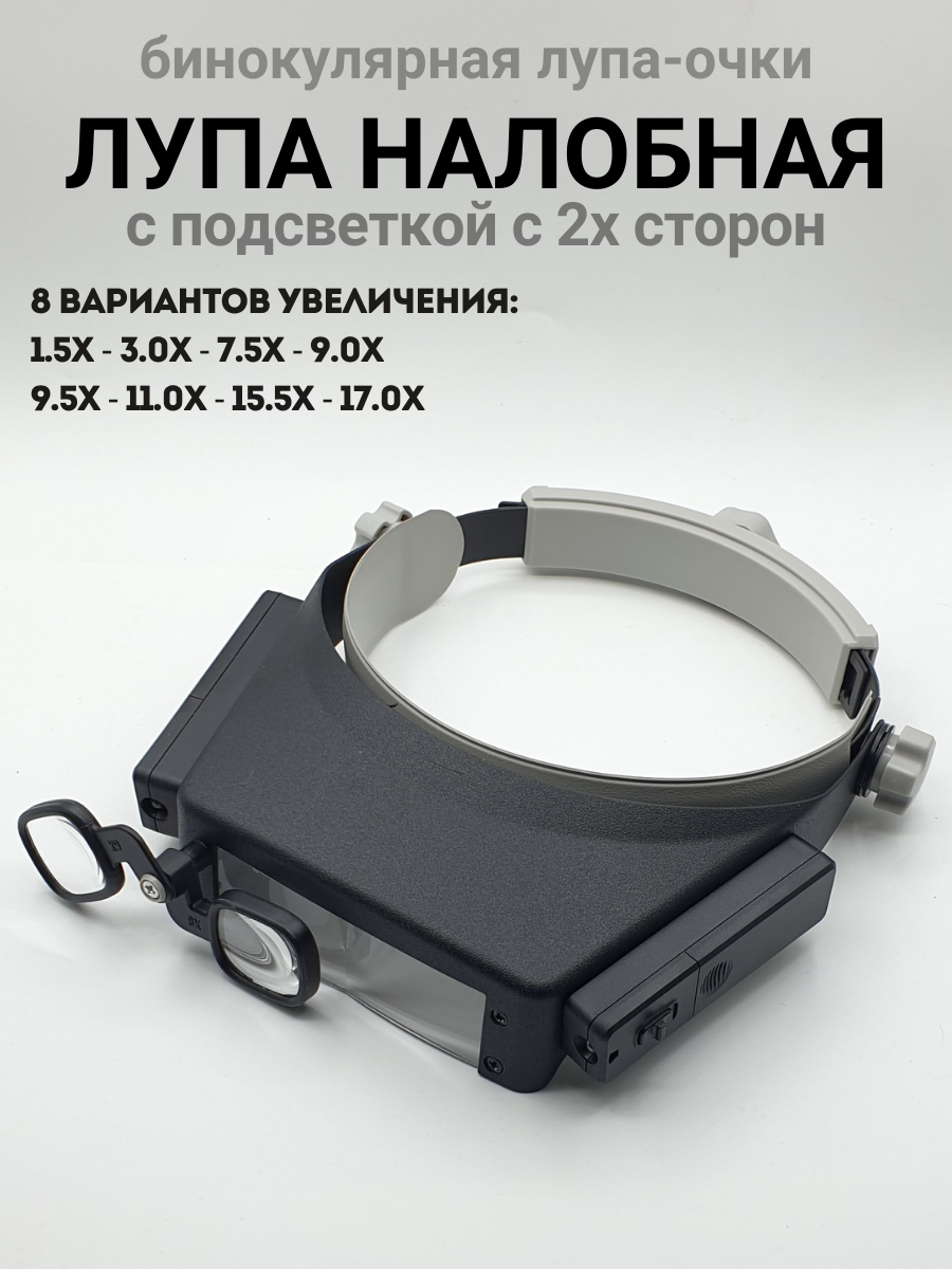 Лупа налобная с подсветкой с 2х сторон, 8 вариантов увеличения от 1,5Х до 17Х, на разный размер головы. KD