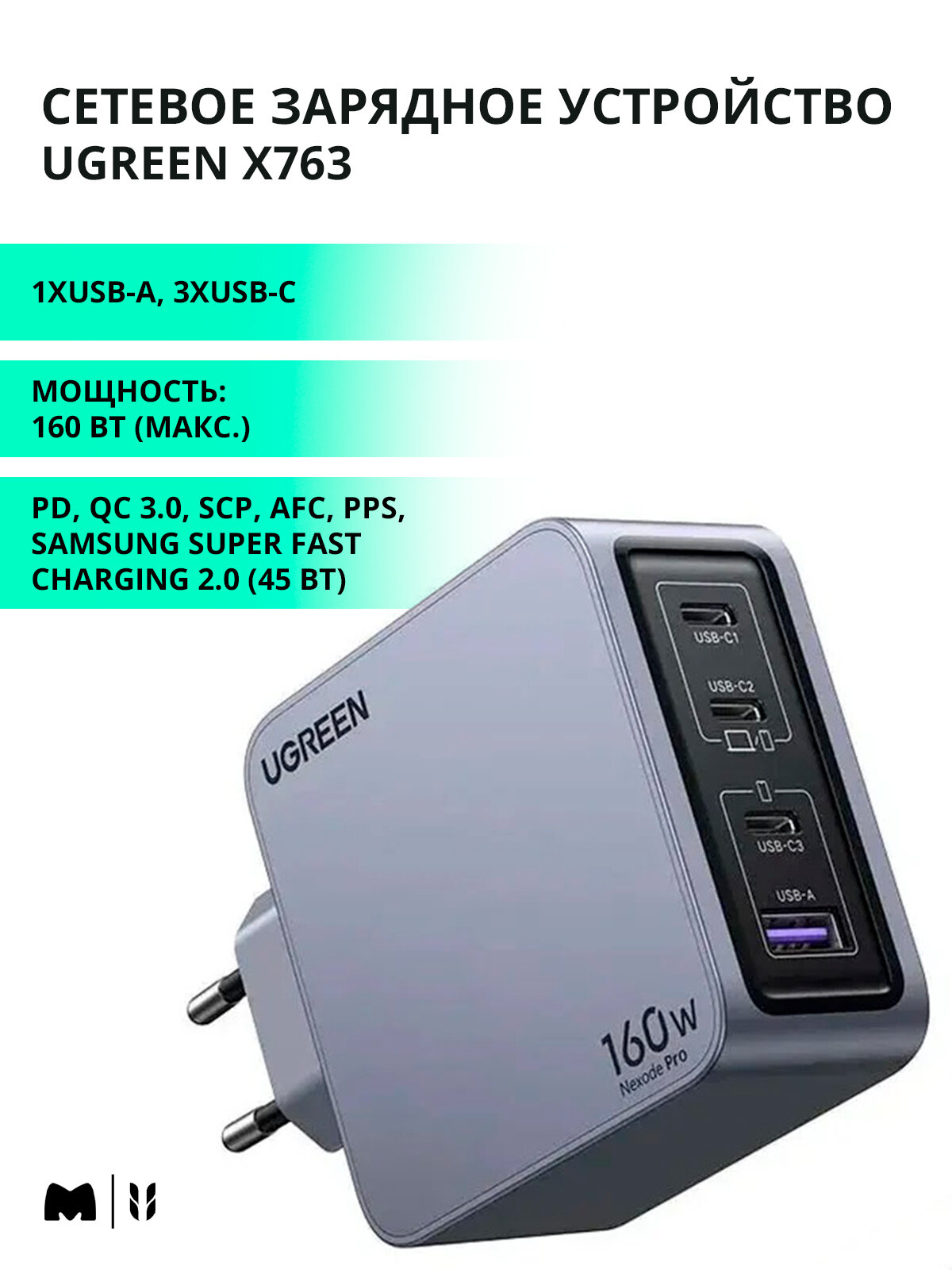 Сетевое зарядное устройство UGREEN X763 Nexode Pro, 160Вт, USB-A, 3хUSB-C GaN с кабелем 1м 100Вт, серый (25877)