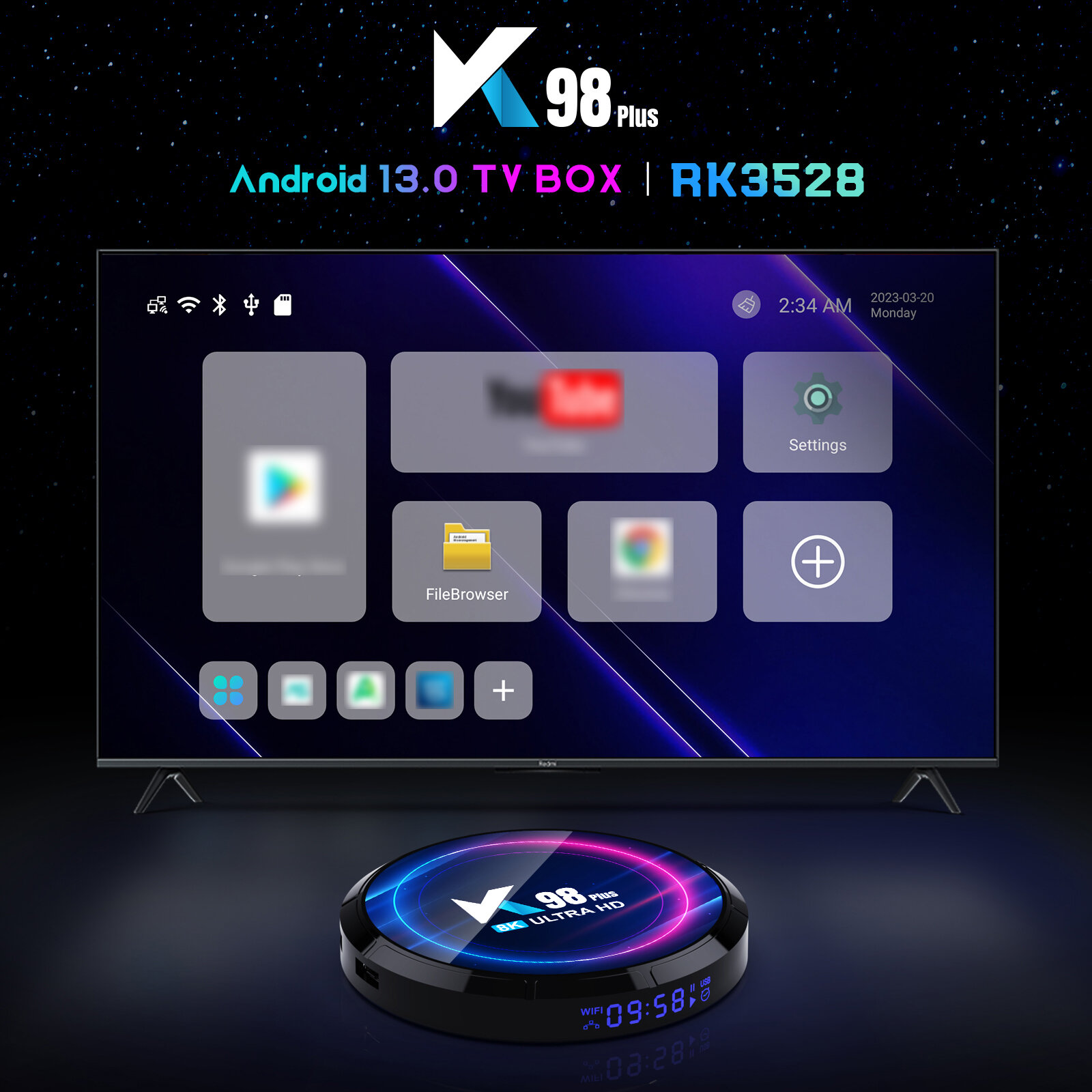 Смарт-ТВ-приставка K98 PLUS Android 13.0, четырёхъядерный процессор RK3528, 4K UHD-медиаплеер, 8K H.265 HDR10+, Wi-Fi6 BT5.0, 2 ГБ ОЗУ, 16 ГБ встроенной памяти, пульт дистанционного управления