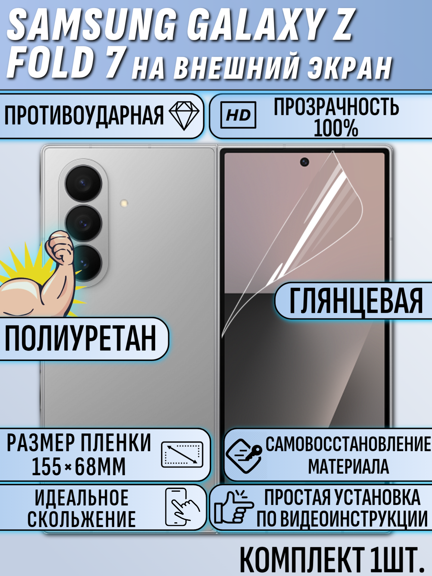 Гидрогелевая полиуретановая пленка Samsung Galaxy Z Fold 7 на внешний экран глянцевая, гидрогелевая полиуретановая бронеплёнка на гэлакси з фолд 7, противоударная пленка