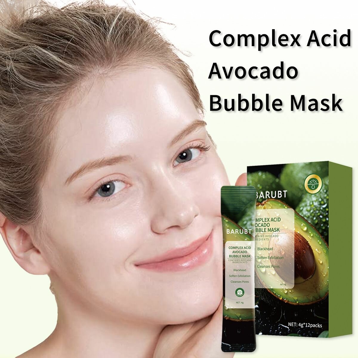Кросс-бордер BARUBT Комплексная кислотная авокадо пузырьковая маска Быстрое пенообразование Осветление тона кожи Одноразовая гелевая очищающая маска