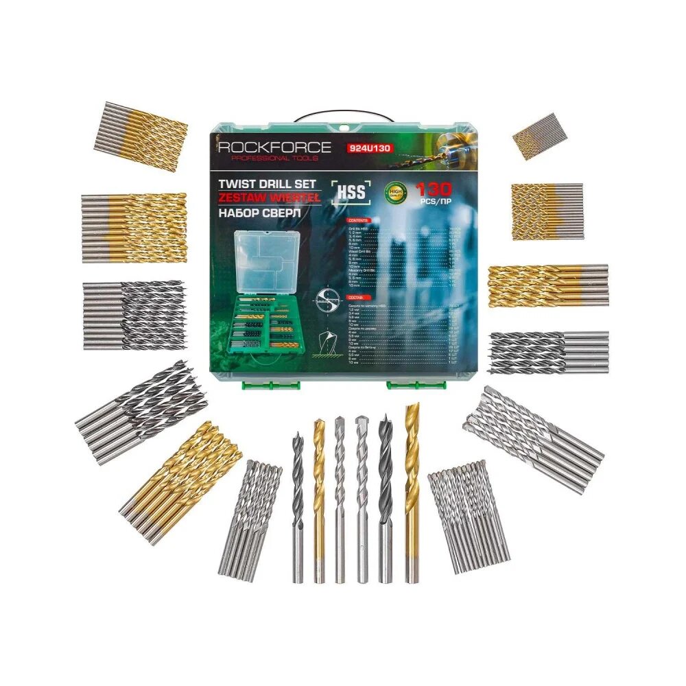 Rockforce Сверла, набор комбинированный 130 предметов (по металлу: 1-6, 8, 10мм; по бетону: 4-6, 8, 10мм; по дереву: 4-6, 8, 10мм) RF-924U130(60716)
