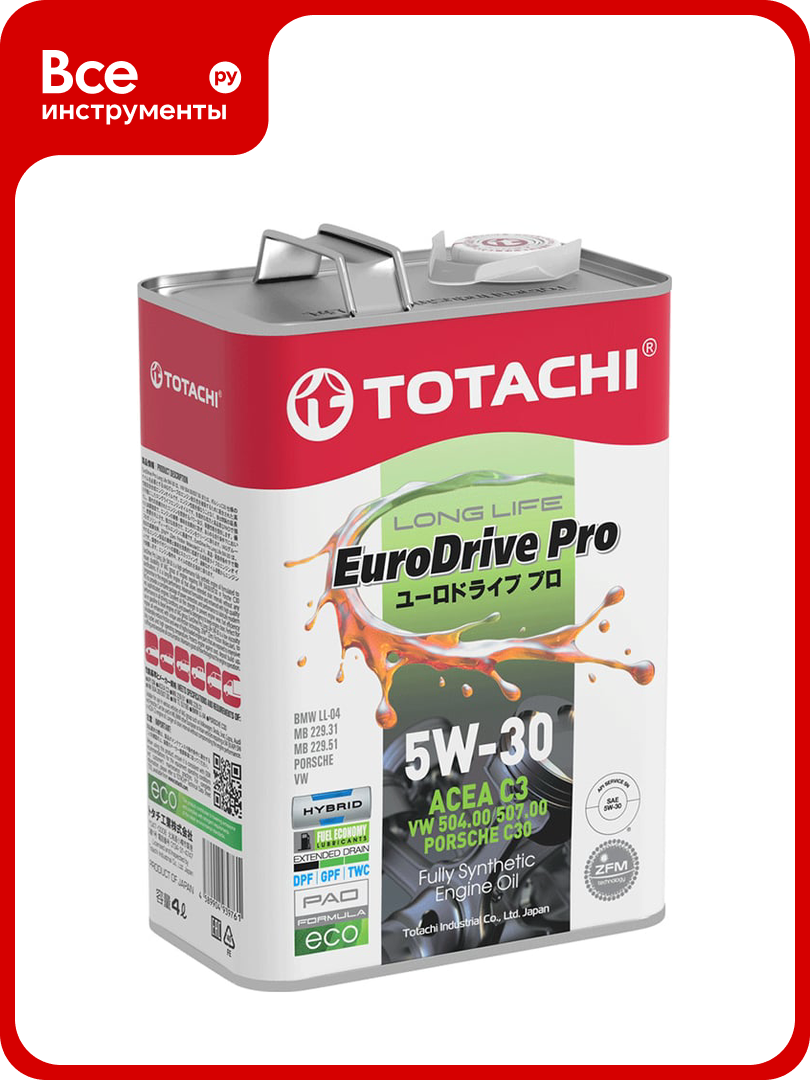 Синтетическое моторное масло TOTACHI EURODRIVE PRO LL Fully Synthetic 5W-30 API SN, ACEA C3 4л E7804, защищенная