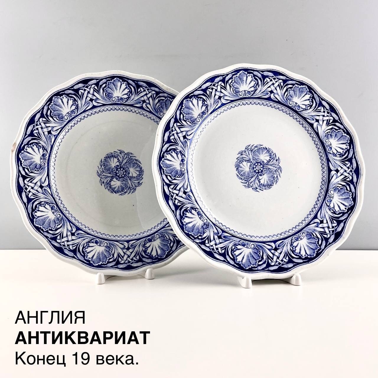 Старинная обеденная тарелка "Рогоз". Набор 2 шт. Фаянс BWM&Co. Англия, конец 19 в.