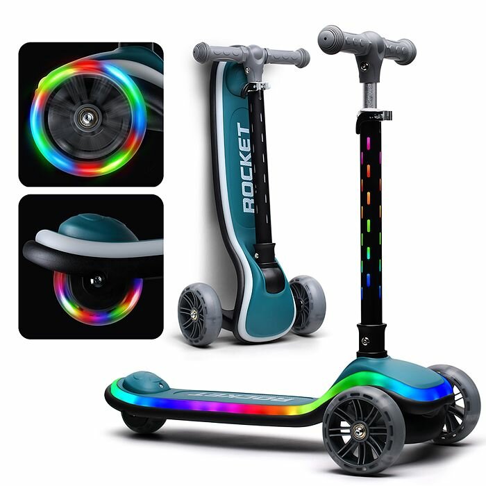 Самокат детский Oubaoloon трёхколёсный, светящиеся колеса PU, цвет бирюзовый