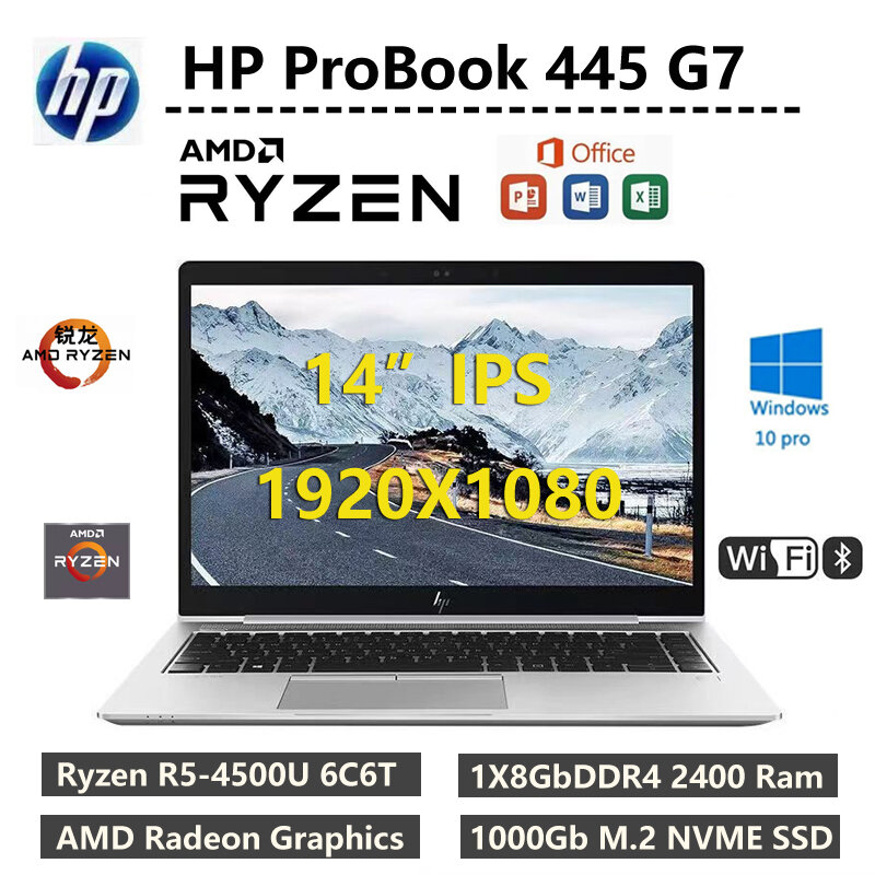 Подержанный AMD RYZEN ноутбук 14" HP ProBook 445 G7 ( R5-4500U Processor+1X8 GB DDR4 RAM+1TB M.2 NVME SSD+AMD Radeon Graphics , 1920x1080 IPS 4K ) Win 10 pro