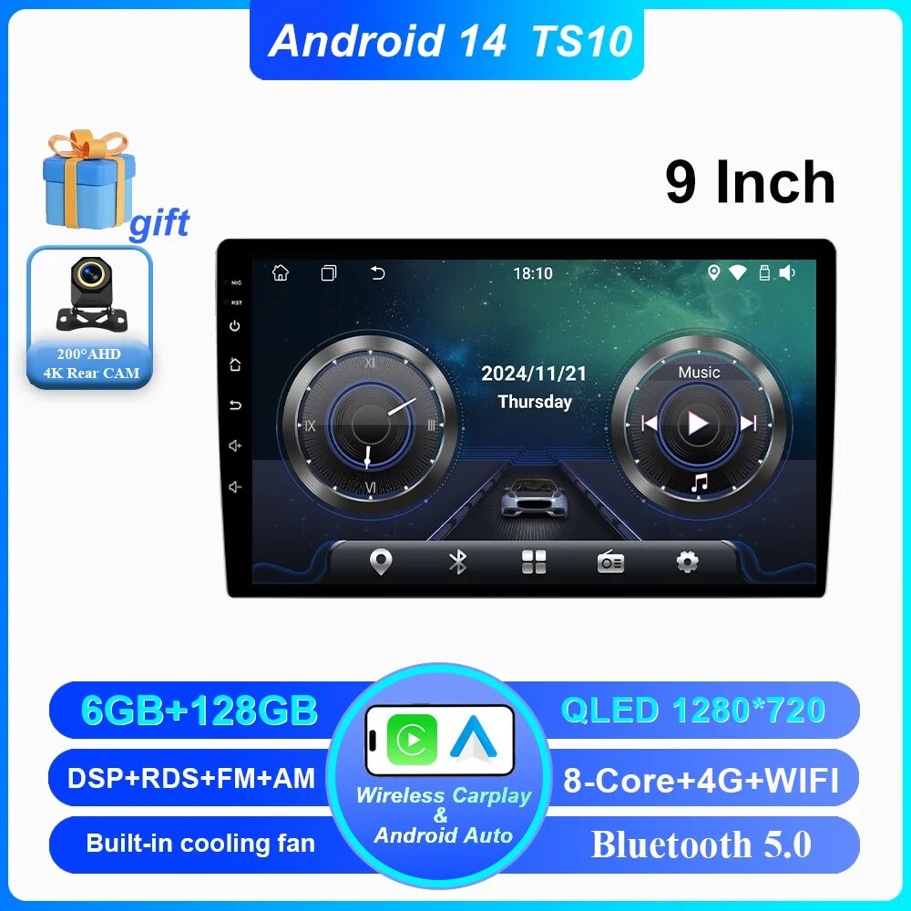 Android 14 CarPlay автомобильный радиоприемник Android Auto GPS мультимедийный плеер 2 DIN универсальный 9/10 дюймов Автомагнитола Wi-Fi плеер QLED Экран BT