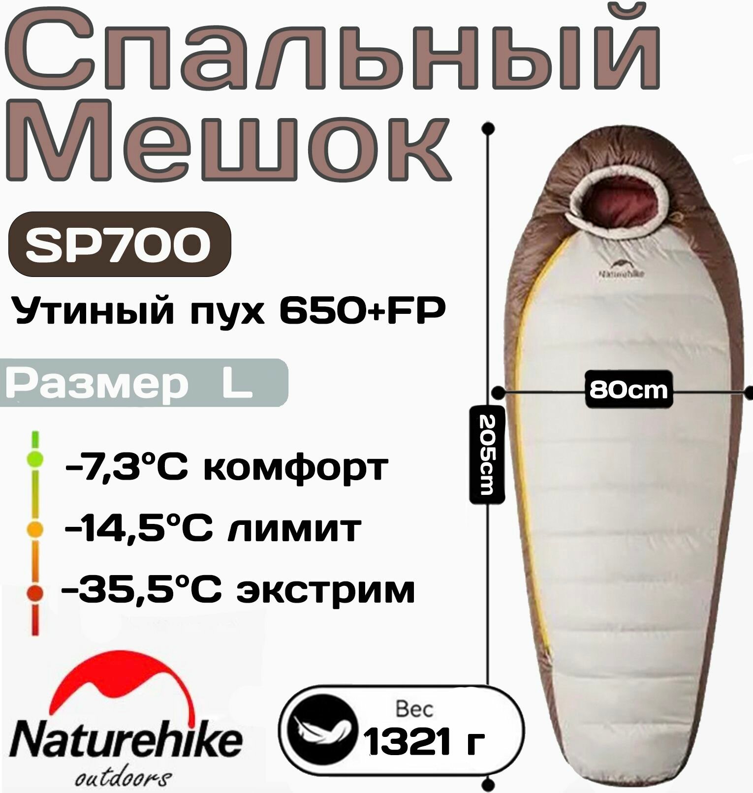 Спальный мешок Naturehike SP700 Snow Petrel Mummy дымчато-коричневый (размер L) CNK2550WS014