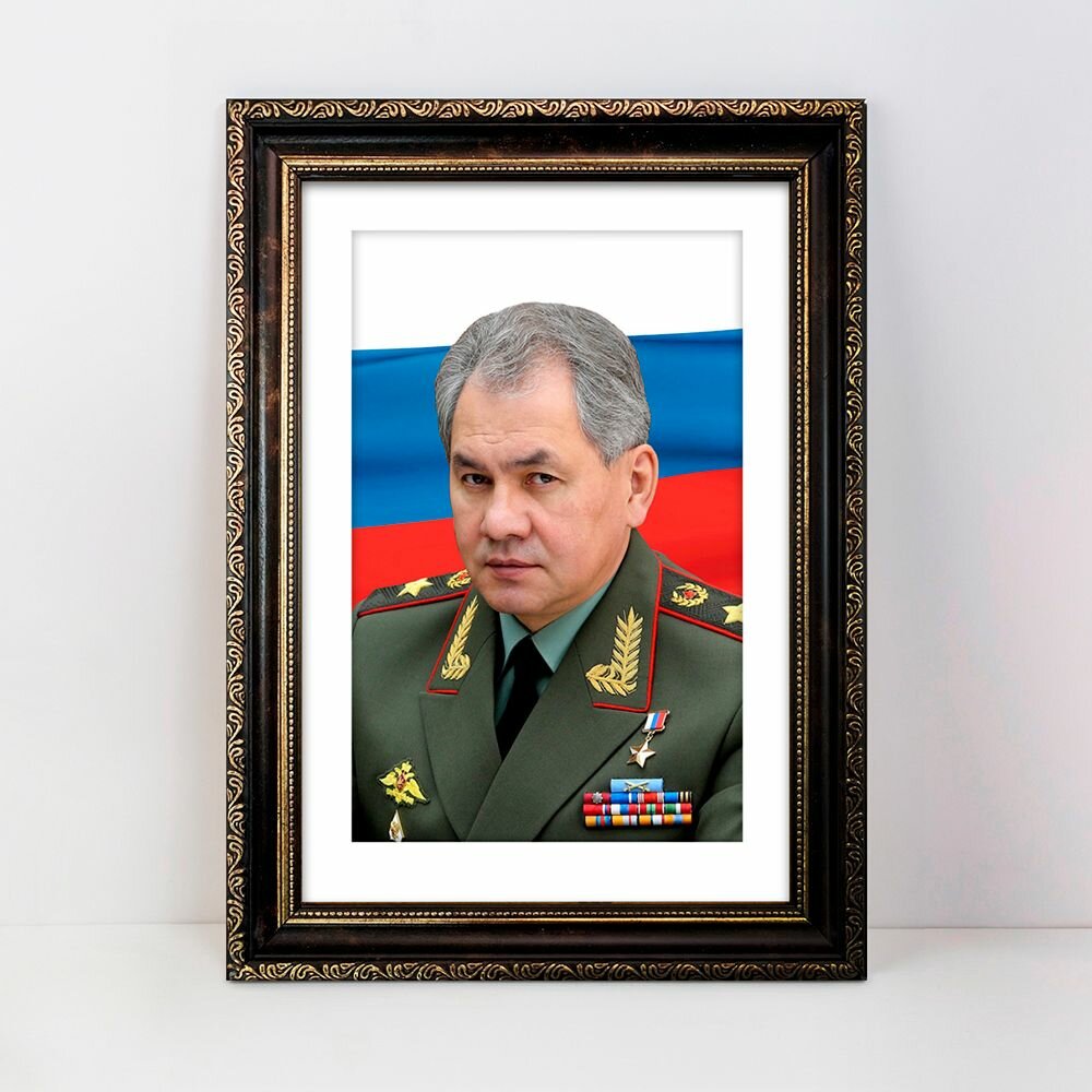 Портрет Шойгу С. К. на холсте в багетной темно-коричневой рамке / А-3 (30x40 см.)