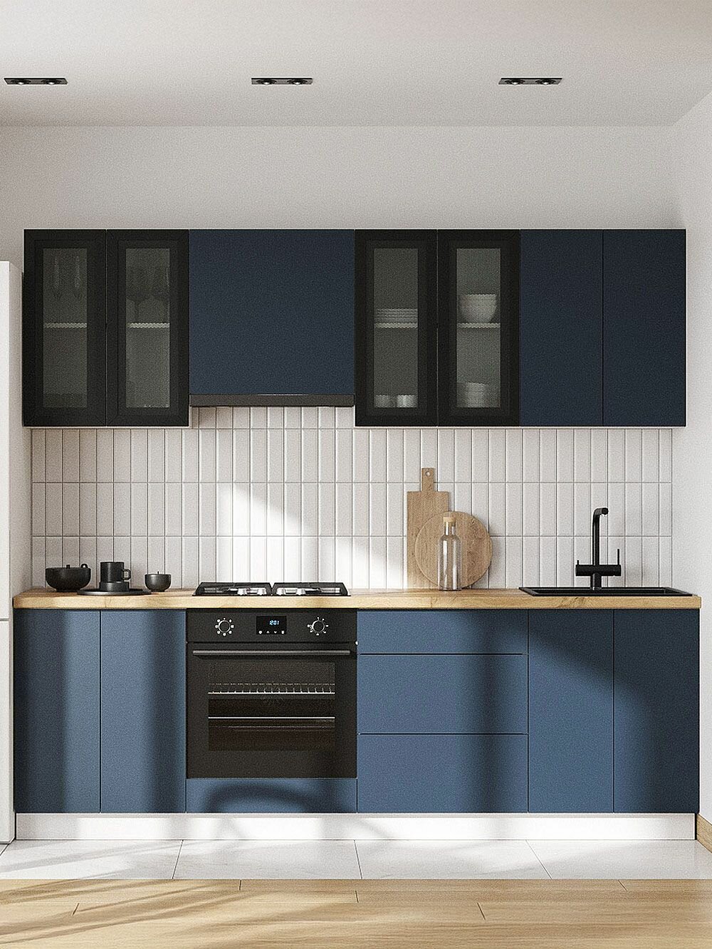 Кухонный гарнитур Тандем 2.4 м, мебель для дома и кухни, Белый / Черный матовый / Океания