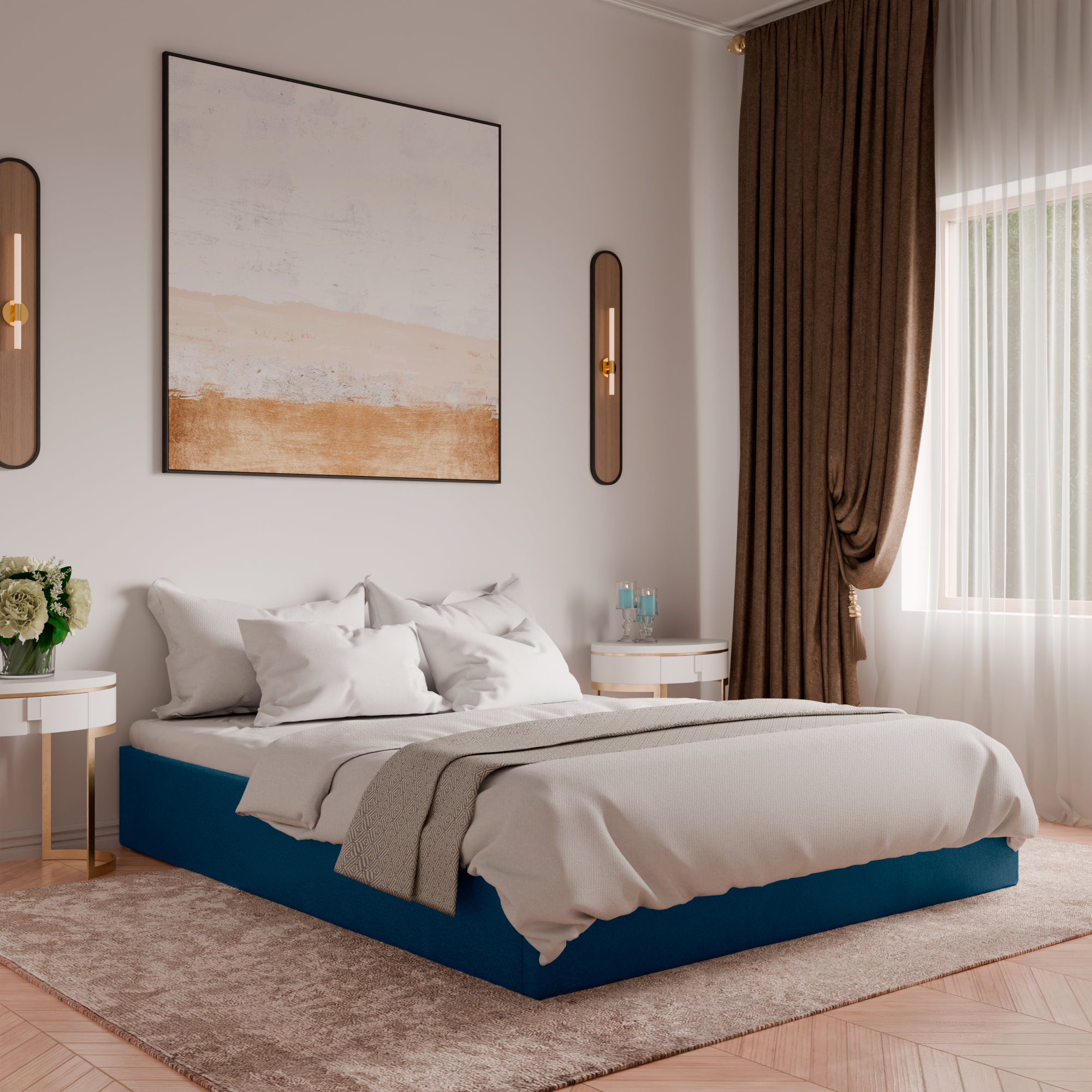 140х200, Кроватный бокс, двуспальная кровать с подъемным механизмом ИнРум Box, велюр синий , без ножек