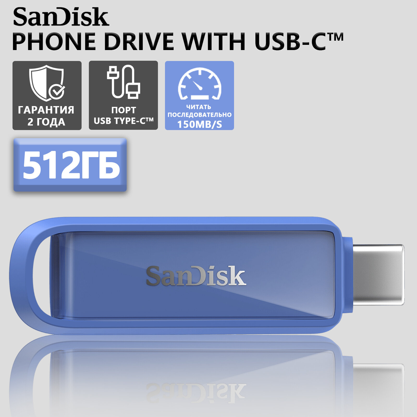 Флеш-накопитель SanDisk Mobile IXSON USB Type-C, синий, 512 ГБ Подходит для телефонов Android, Apple, ipad