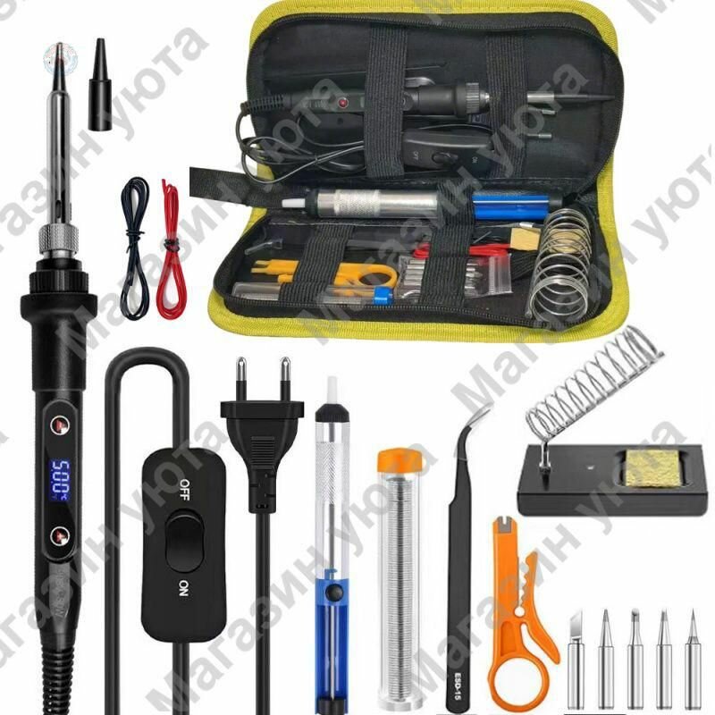 Паяльник электрический 80 Вт, набор для пайки 15 предметов, керамический нагреватель, регулируемая температура 0-500 C, универсальные насадки для ремонта электроники