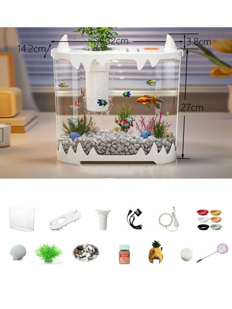 Аквариум для рыбок, аквариум, Белый, 32*27 см，Мини аквариум для рабочего стола Экосистема с автономной фильтрацией
