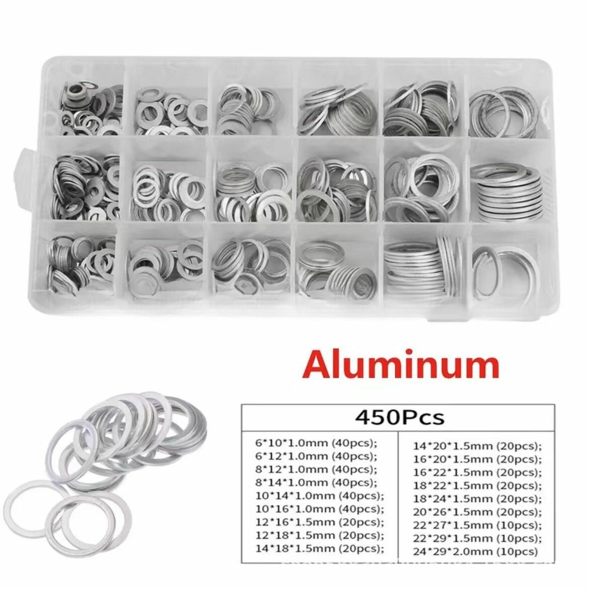 Алюминиевые шайбы 450 шт, прокладки для пробки слива масла, M6 M8 M10 M12 M14 M16 M18 M20 M22 M24.