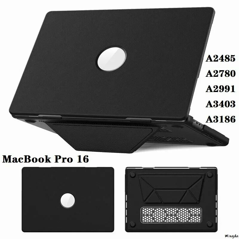 Чехол для MacBook Pro 16 M1 M2 M3 M4 / Поликарбонат + искусственная кожа премиум-класса для Макбук Про 16 2021 2023 2024 (A2485 A2780 A2991 A3403 A3186), Цвет: Черный