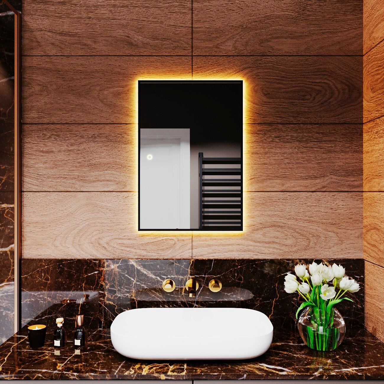 Зеркало настенное 70х50 см. BLX MIRROR с подсветкой в ванную сенсорное в алюминиевой раме, Черное