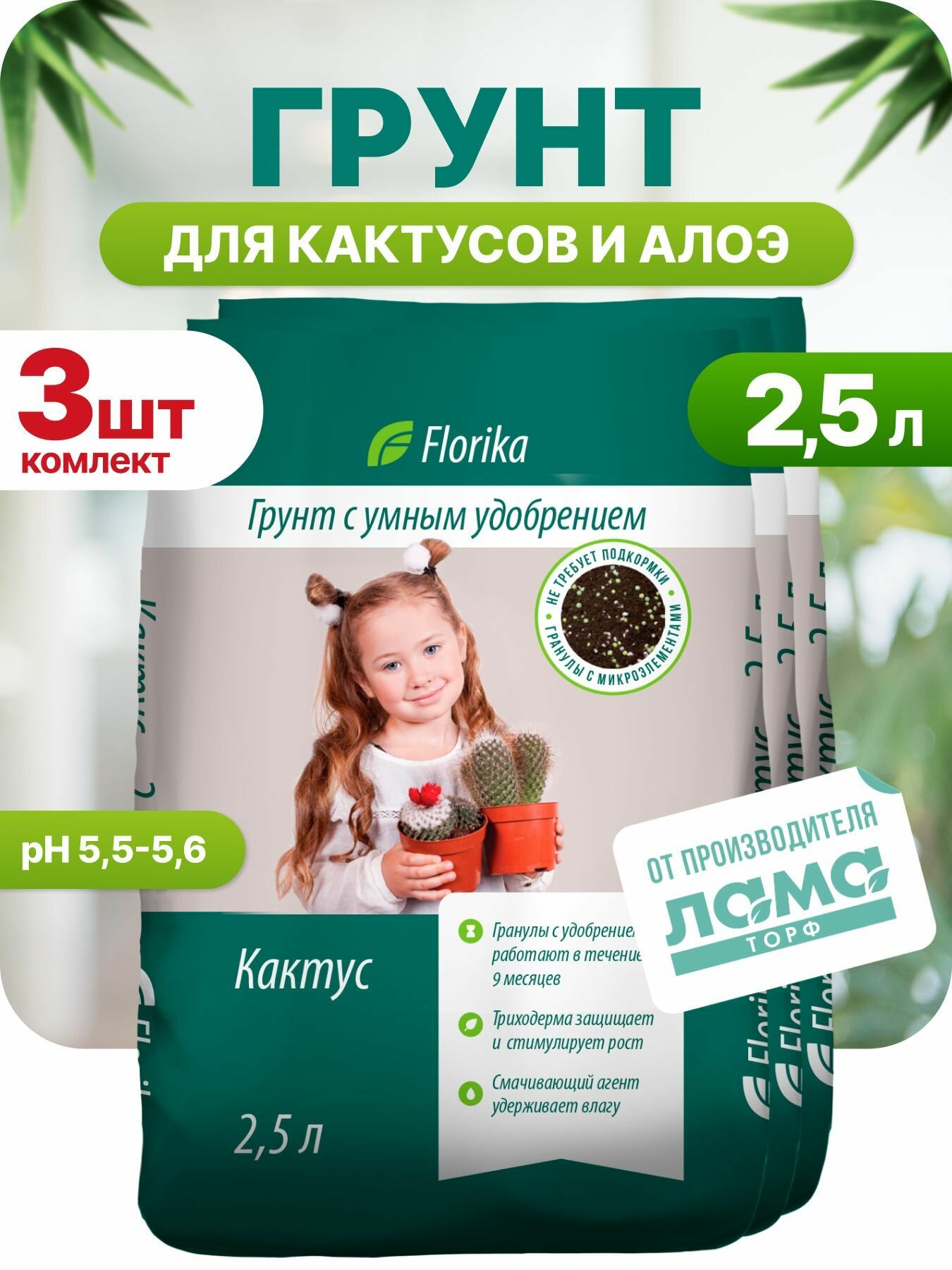Florika/ Грунт для кактусов и алоэ 2.5 л упаковка 3 шт