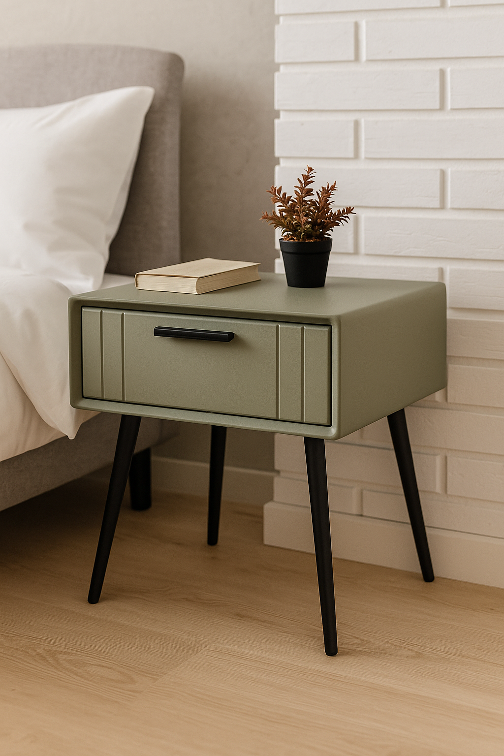 Прикроватная тумба , на металлических ножках, с ящиком, фанера, оливковая, матовая