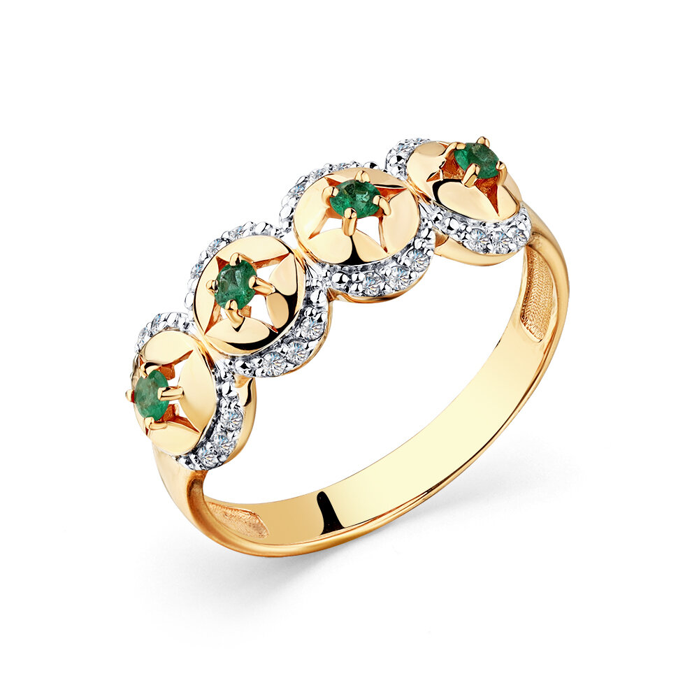 Кольцо, красное золото, 585 проба, бриллиант, изумруд