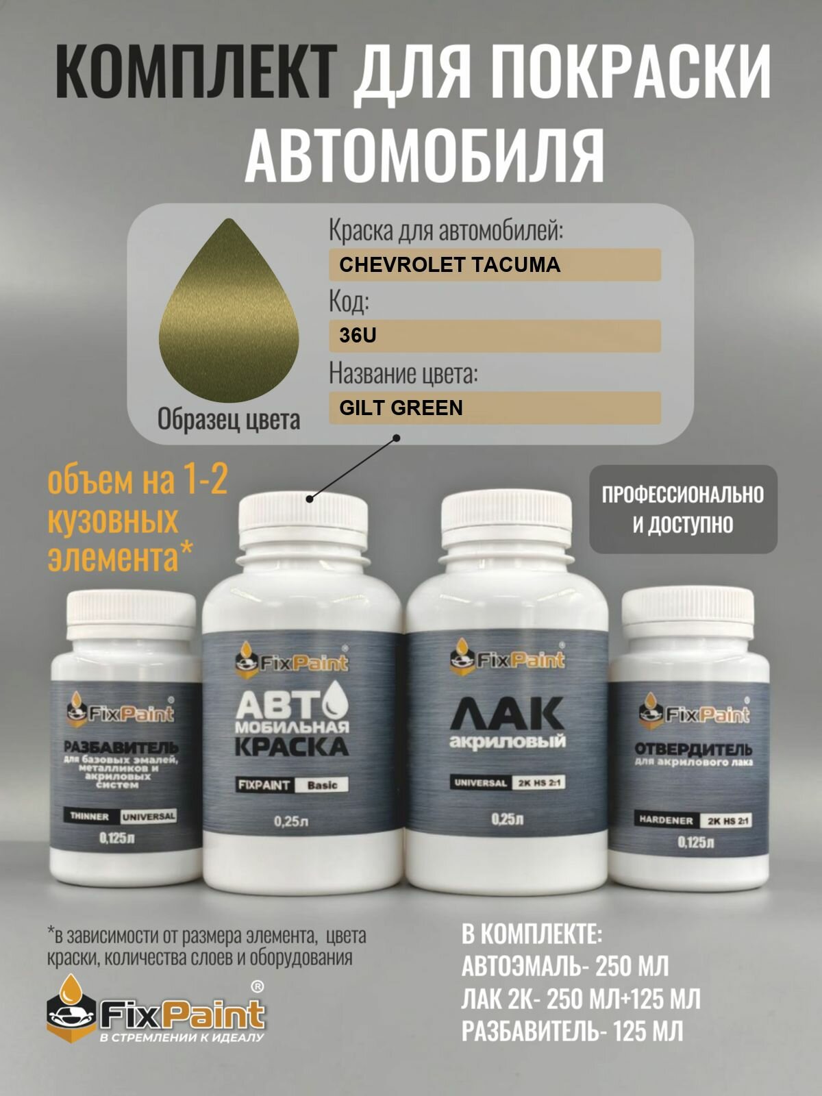 Комплект для покраски CHEVROLET TACUMA, код 36U, GILT GREEN, базовая автомобильная эмаль 250 мл, лак 2K 250 мл с отвердителем, разбавитель 125 мл, FixPaint Pro