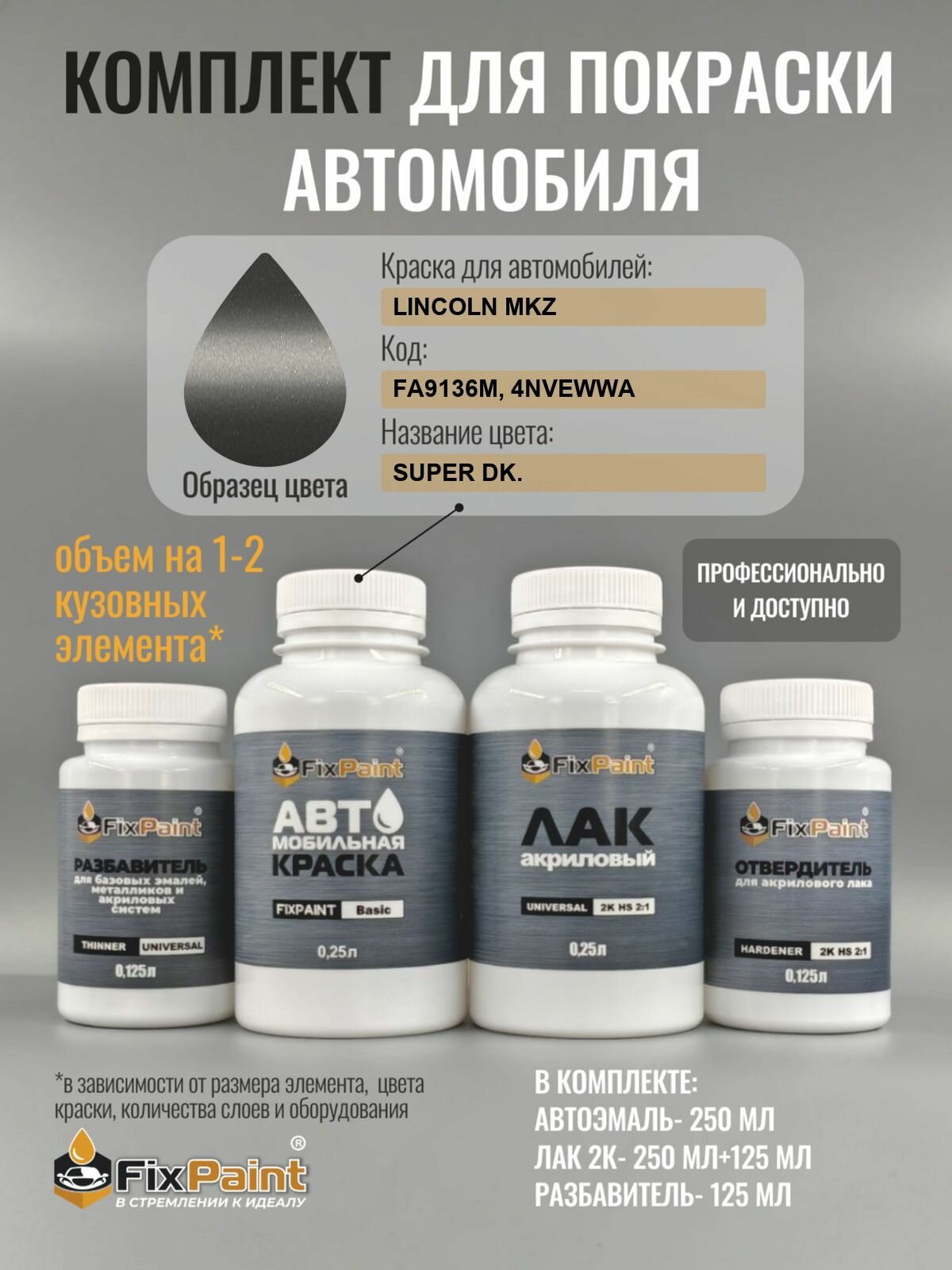 Комплект для покраски LINCOLN MKZ, код FA9136M, 4NVEWWA, SUPER DK , базовая автомобильная краска 250 мл, лак 2K 250 мл с отвердителем, разбавитель 125 мл, FixPaint Pro