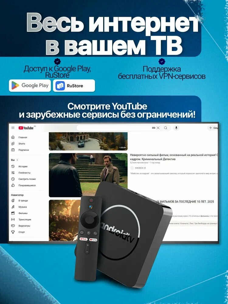 Смарт приставка для телевизора, приставка смарт ТВ wi fi/Андроид 14 4K Ultra РВ