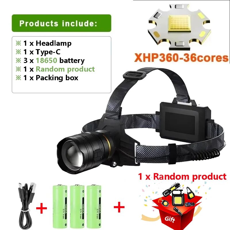 Налобный фонарь XHP360, 3x18650, H189, Gift