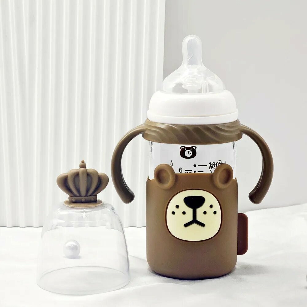 Новая детская стеклянная бутылочка объемом 180 мл, бутылочка в форме короны, с силиконовой защитной крышкой, защита от падения, с соломинкой в виде гравитационного шарика, с ручкой