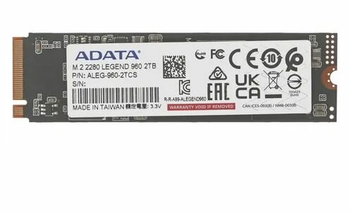 2000 ГБ SSD M.2 накопитель A-DATA LEGEND 960 (ALEG-960-2TCS) - PCI-E 4.0 x4, чтение - 7400 Мбайт/сек, запись - 6800 Мбайт/сек, 3D NAND, 3 бит TLC, NVM Express