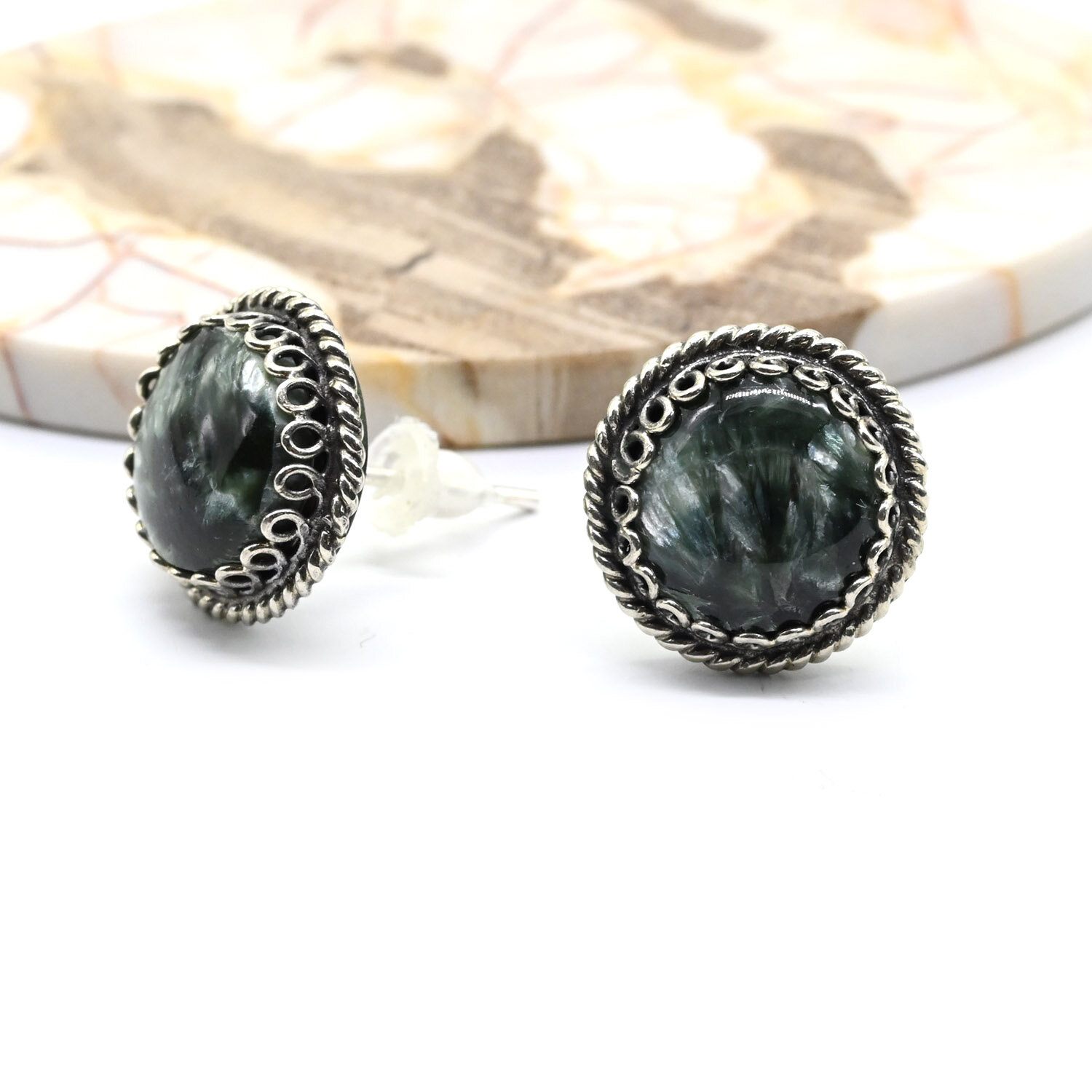 Серьги пусеты, серафинит