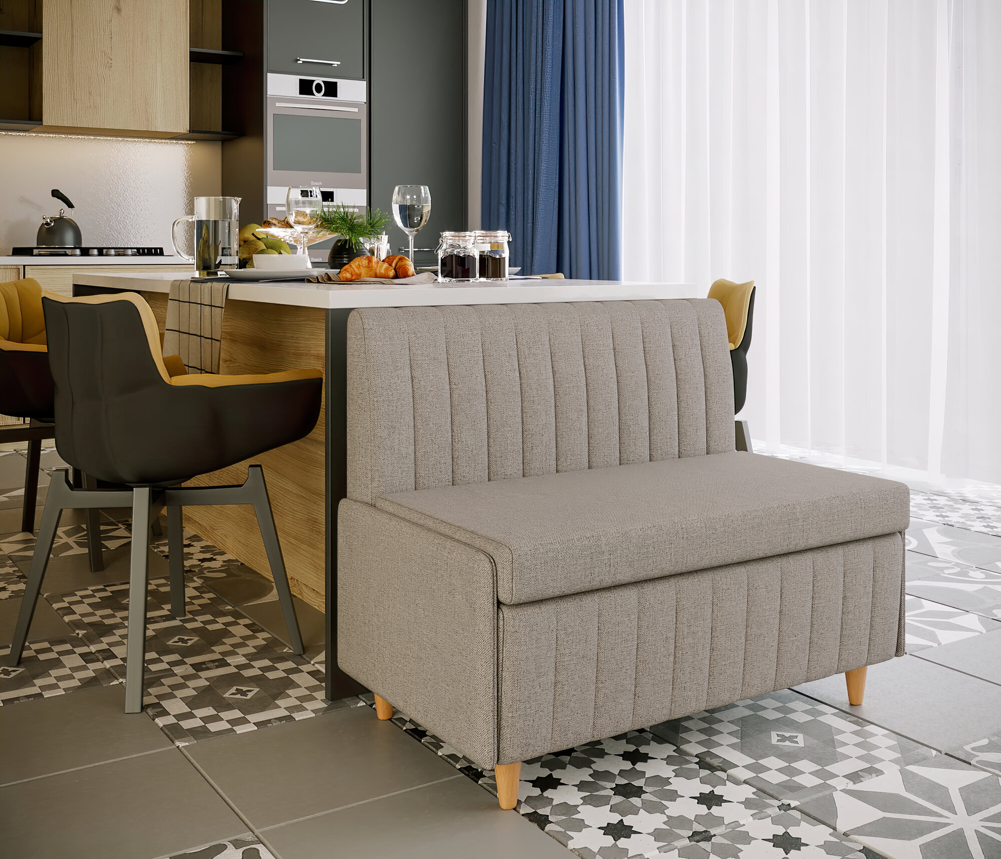 Прямой кухонный диван Мини, Саванна латте, рогожка коричневая, ППУ, с ящиком