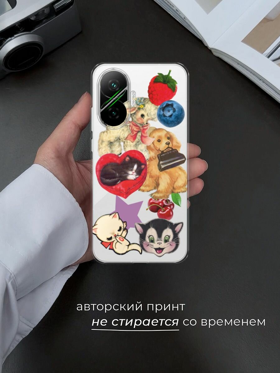 Чехол на Poco F7 / Поко F7 с принтом "Милые стикеры", прозрачный — фото 1