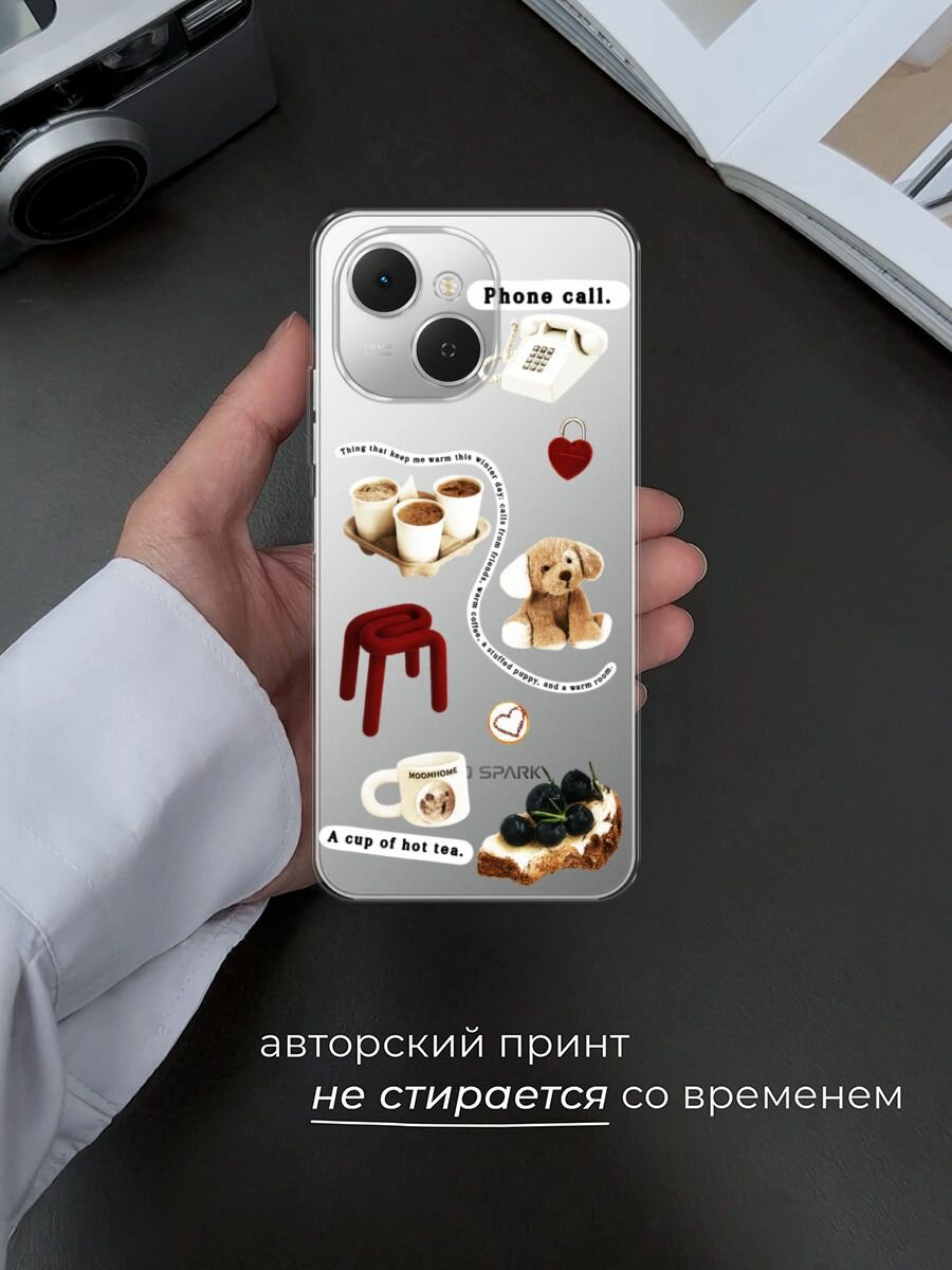 Чехол на Tecno Spark 40C / Текно Спарк 40C с принтом "Phone call", прозрачный — фото 1