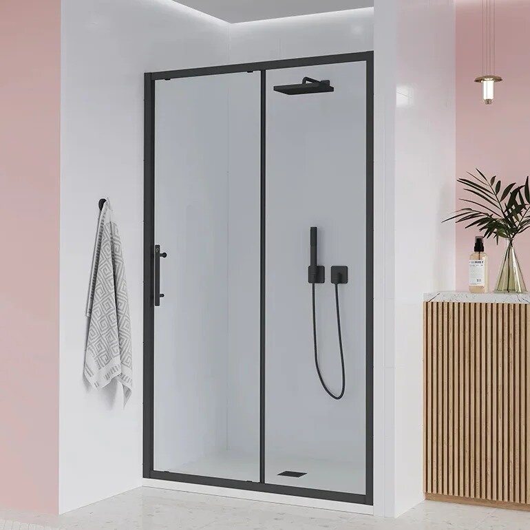 Душевая дверь в нишу Veconi Evo 100 B 120 см, профиль матовый черный, стекло прозрачное E1-B-120-01-C9