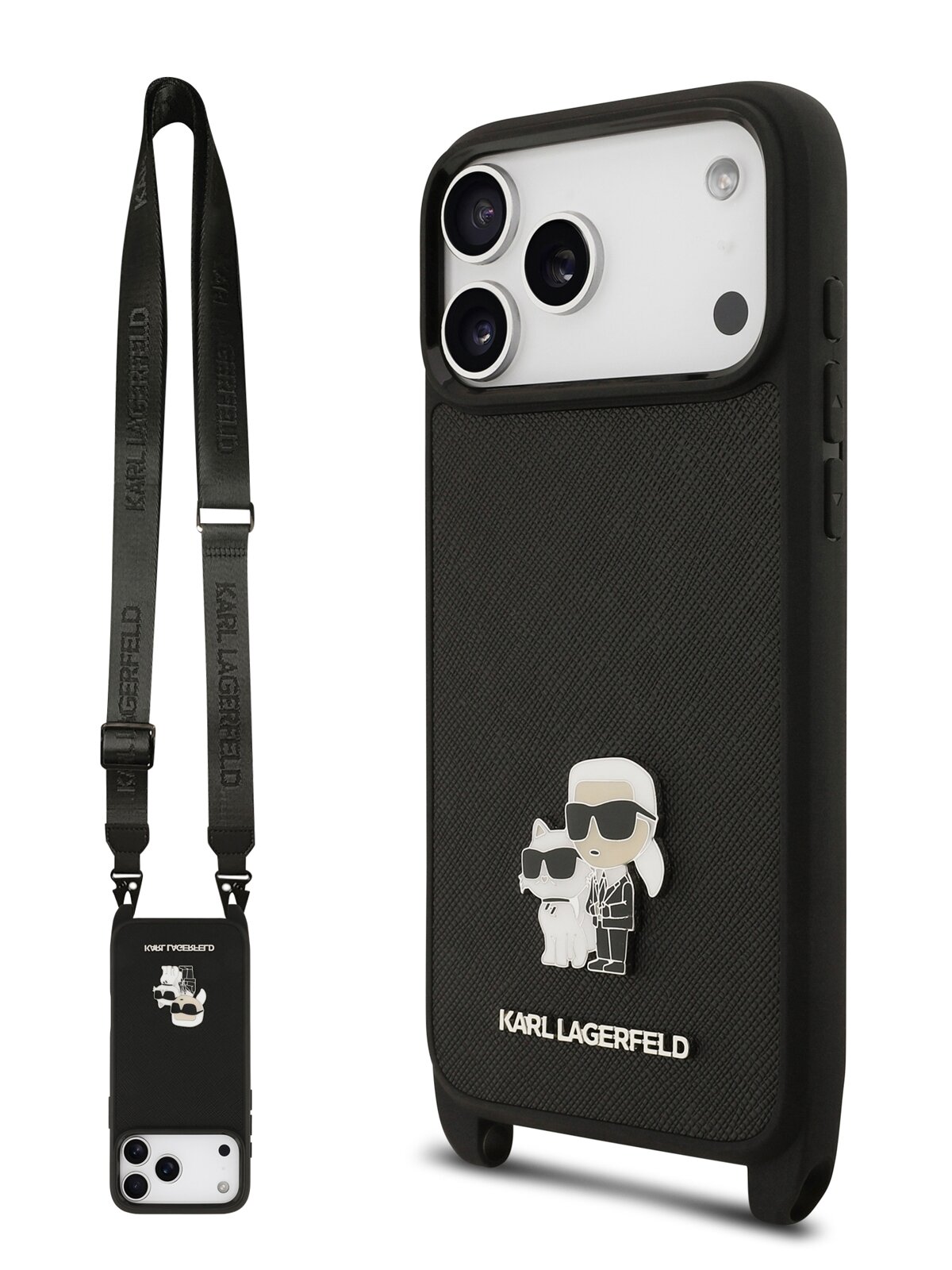 Karl Lagerfeld чехол для iPhone 17 Pro, кросс-боди с ремешком, из экокожи Saffiano, NFT Karl & Choupette, черный