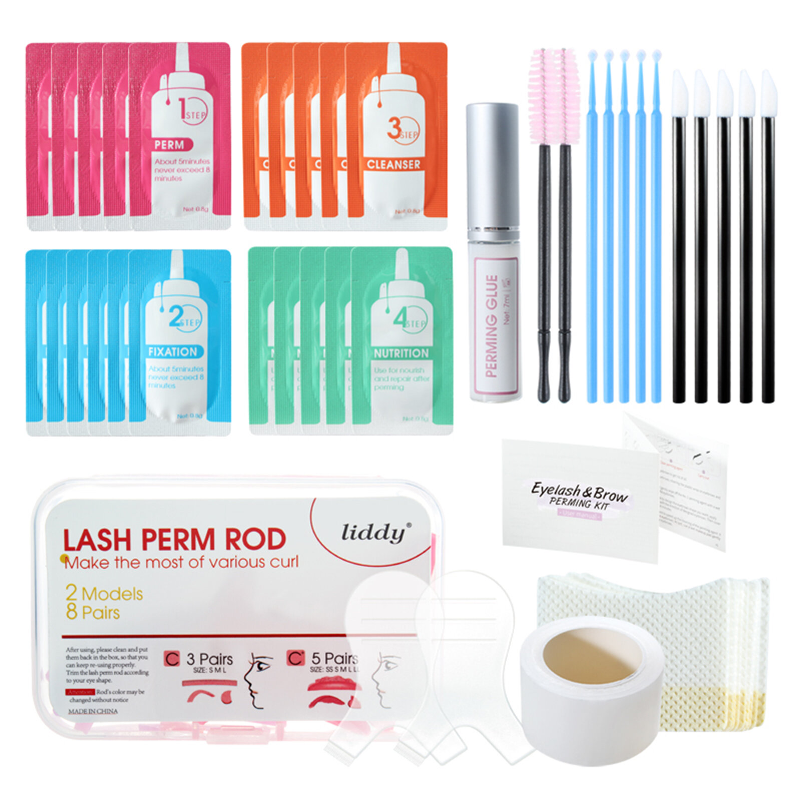 Комплект для ламинирования бровей и лайфтинга ресниц полупостоянный Eyebrow Perm Kit для салонов красоты с 1 бутылкой клея для ресниц 7мл, 5 пакетами жидкости для перминга, 5 пакетами фиксирующей жидкости, 5 пакетами питательной жидкости, 5 пакетами